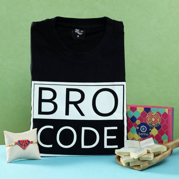Bro Rakhi with Bro Code Tshirt & Kaju Katli: Gift/Send Rakhi Gifts ...