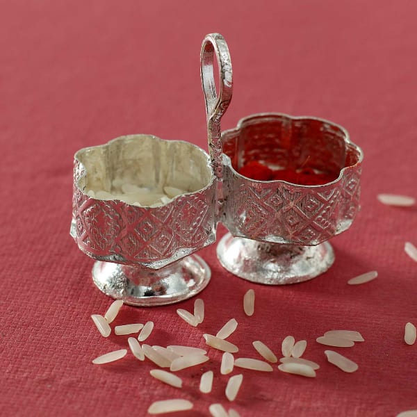 Chana Badam Barfi with Gulal in Jars & Silver plated Container: Gift ...