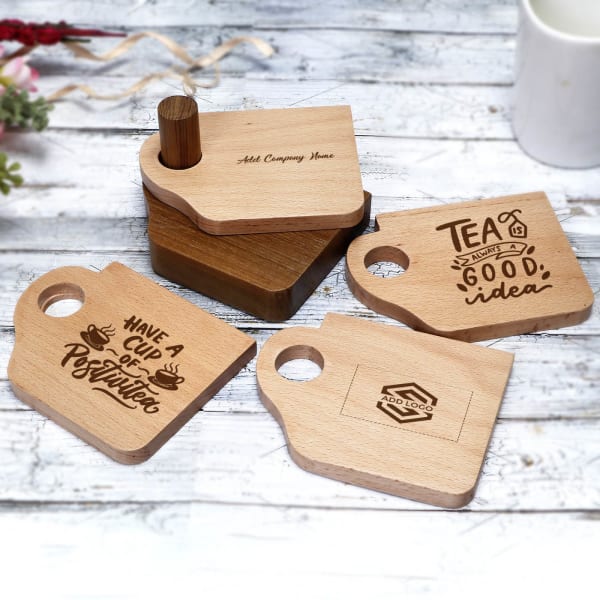 Cup Shaped Wooden Coasters Customized with Logo & Company Name: Gift ...