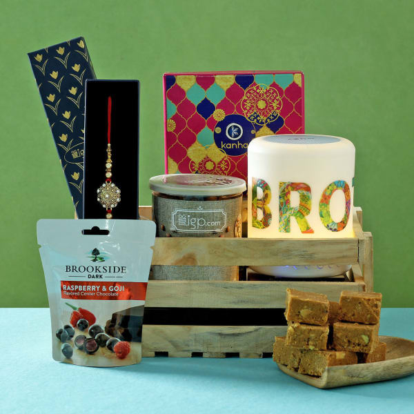 CZ Metal Rakhi with Dryfruits, Chana Badam Barfi, Chocolate pack and ...