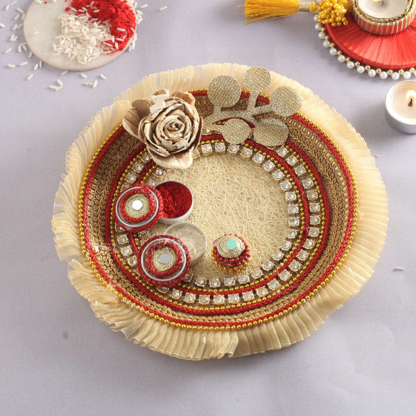 Golden Flower Motif and Stone Work Tikka Thali: Gift/Send Holi Gifts ...
