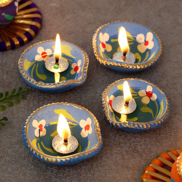 Hand Painted Clay Diya Set: Gift/Send Diwali Gifts Online J11103409 ...