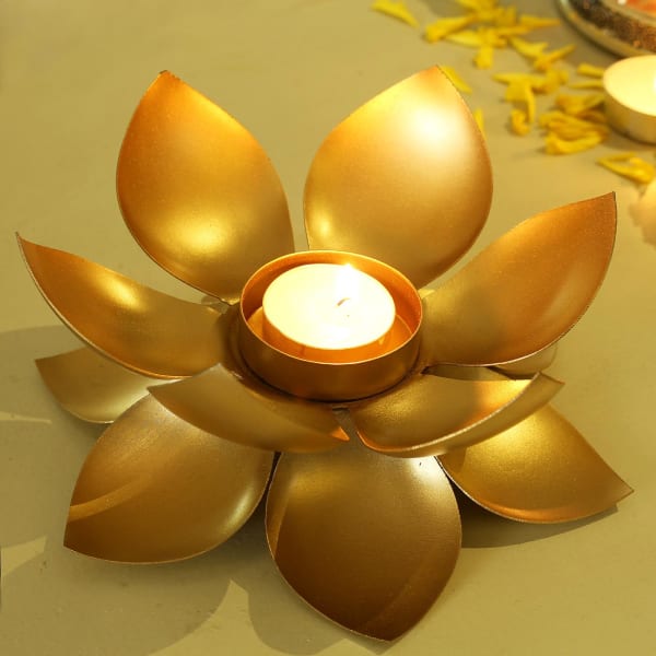 Lotus Shaped Golden Metal Diya: Gift/Send New Year Gifts Online ...