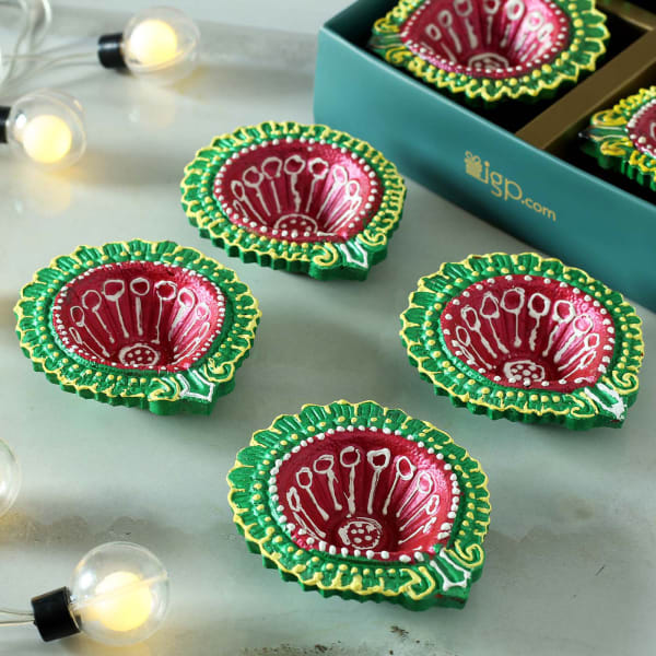 Multi Colored Hand Painted Clay Diya Set of 4 : Gift/Send Diwali Gifts ...