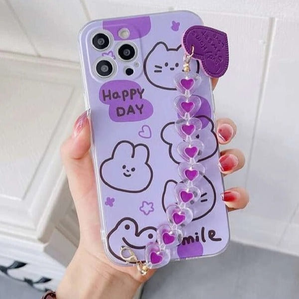 Buy/Send Phone Case With Wrist Strap Chain Cute Cartoon Purple Heart ...