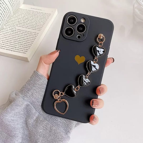 Buy/Send Phone Case With Wrist Strap Chain Heart Prints Black Single ...