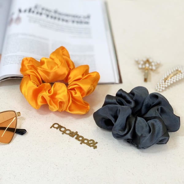 Buy/Send Scrunchies Satin Dark Grey And Orange Set Of 2 Online | IGP ...