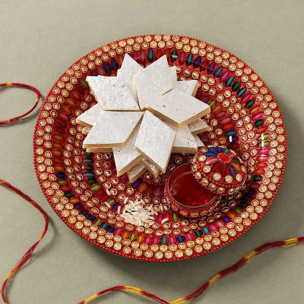Stone Work Beautiful Tikka Thali with Kaju Katli: Gift/Send Bhaidooj ...