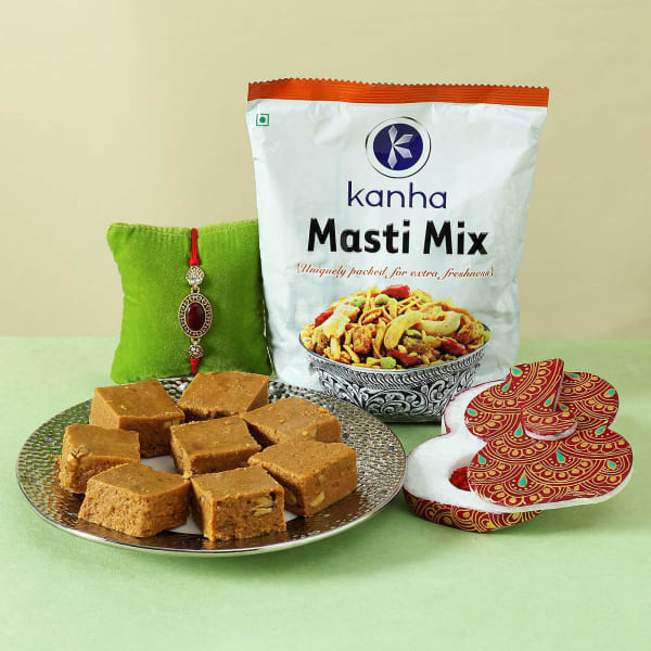 Stone Work Rakhi With Masti Mix Namkeen, Chana Badam Barfi & Marble ...
