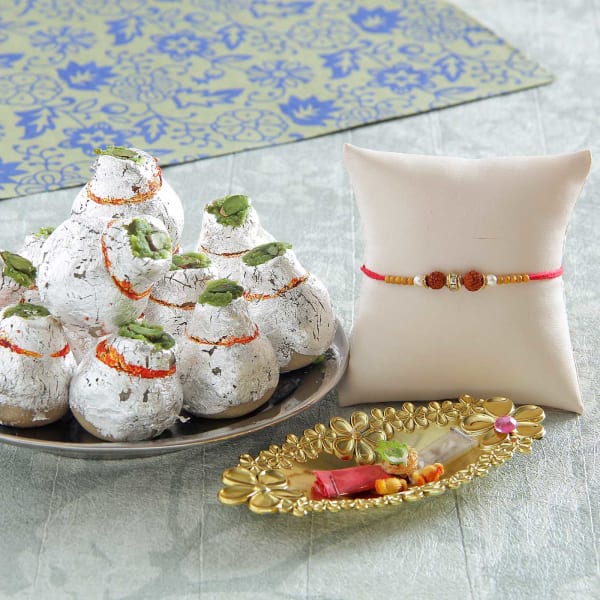 Traditional Rudraksh Rakhi with Kaju Kalash Sweets: Gift/Send Rakhi ...