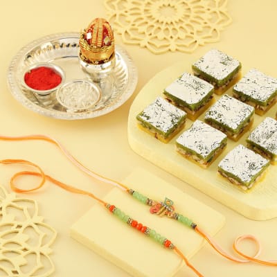 Auspicious Beads Rakhis With Pista Badam Barfi And Pooja Thali: Gift ...
