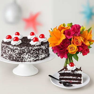 Black Forest Cake N Mix Flowers: Gift/Send New Year Gifts Online ...
