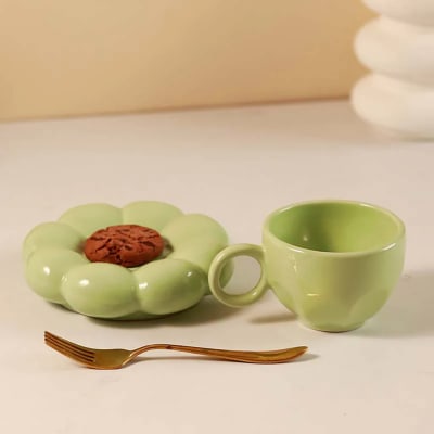 Buy/Send Cup With Flower Shaped Saucer - Single Piece - Green Online ...