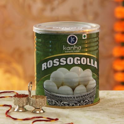 Delicious Rossogolla with Silver Plated Roli Chawal Container & Moli ...