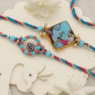 Buy/Send Divine Radha Krishna Rakhi Set Of 2 Online | IGP | JVS1206533