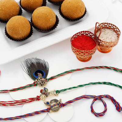 Graceful Krishna Themed Rakhi Set Of 3 And Mithai: Gift/Send Food Gifts ...