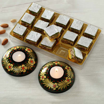 Handpainted Candle Diya with Pista Badam Barfi: Gift/Send Food Gifts ...