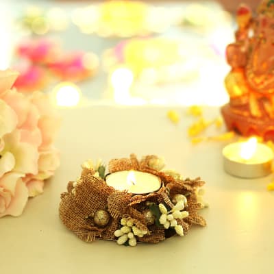 Buy/Send Jute Flower and Golden Beads Designer Tea Light Holder Online ...