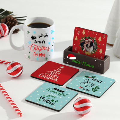 Personalized Merry Coasters with Stand And Mug: Gift/Send Christmas ...