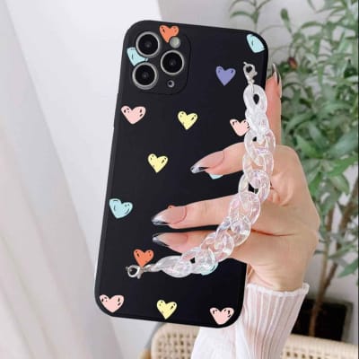 Buy/Send Phone Case With Wrist Strap Chain Hearts Black Single Piece ...