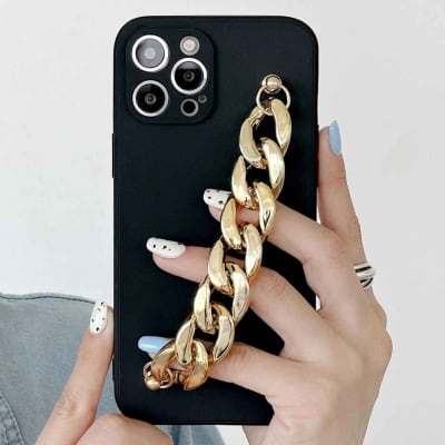 Buy/Send Phone Case With Wrist Strap Chain Solid Black Golden Single ...