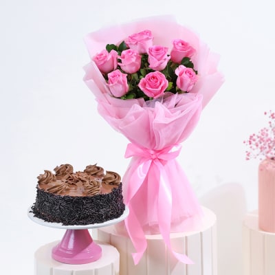Buy/Send Pink Roses with Truffle Cake Online | IGP | JVS1204538