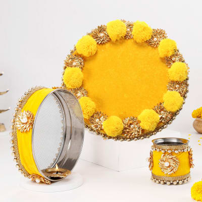 Buy/Send Pompom And Gota Work Puja Thali Set For Karwa Chauth Online | IGP | JVS1266276