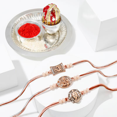 Buy/Send Set Of 3 Antique Metal Rakhi With Pooja Thali Online | IGP ...