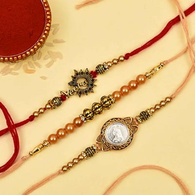 Buy/Send Set of 3 Antique Metallic Rakhi Online | IGP | L11115098