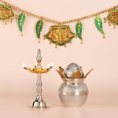 Buy/Send Silver And Gold Plated Kalash and Diya With Bandarwal Online ...