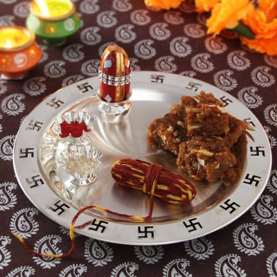 Silver Thali & Container with Doda Barfi: Gift/Send Bhaidooj Gifts ...