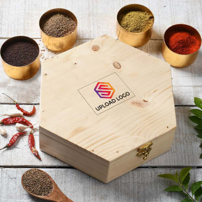 Buy/Send Wooden Masala Box With Metal Containers Customized With Logo ...