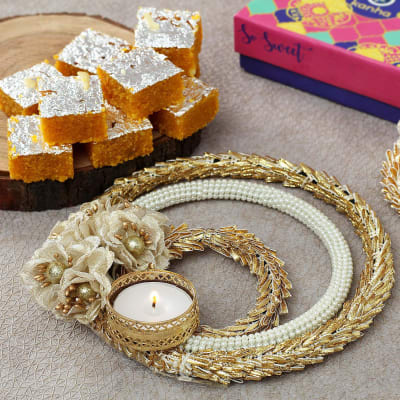Buy/Send Zari & Pearl Work Candle Diya with Moong Dal Barfi Online ...